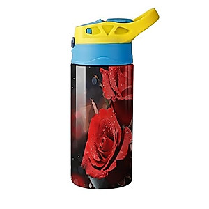 Stainless Steel Water Bottles Romantic Red Roses Travel Water Cups with Handle And Silicone Straw Drinking Cup with Leak Proof Lid Thermo Travel Mug for Women Men
