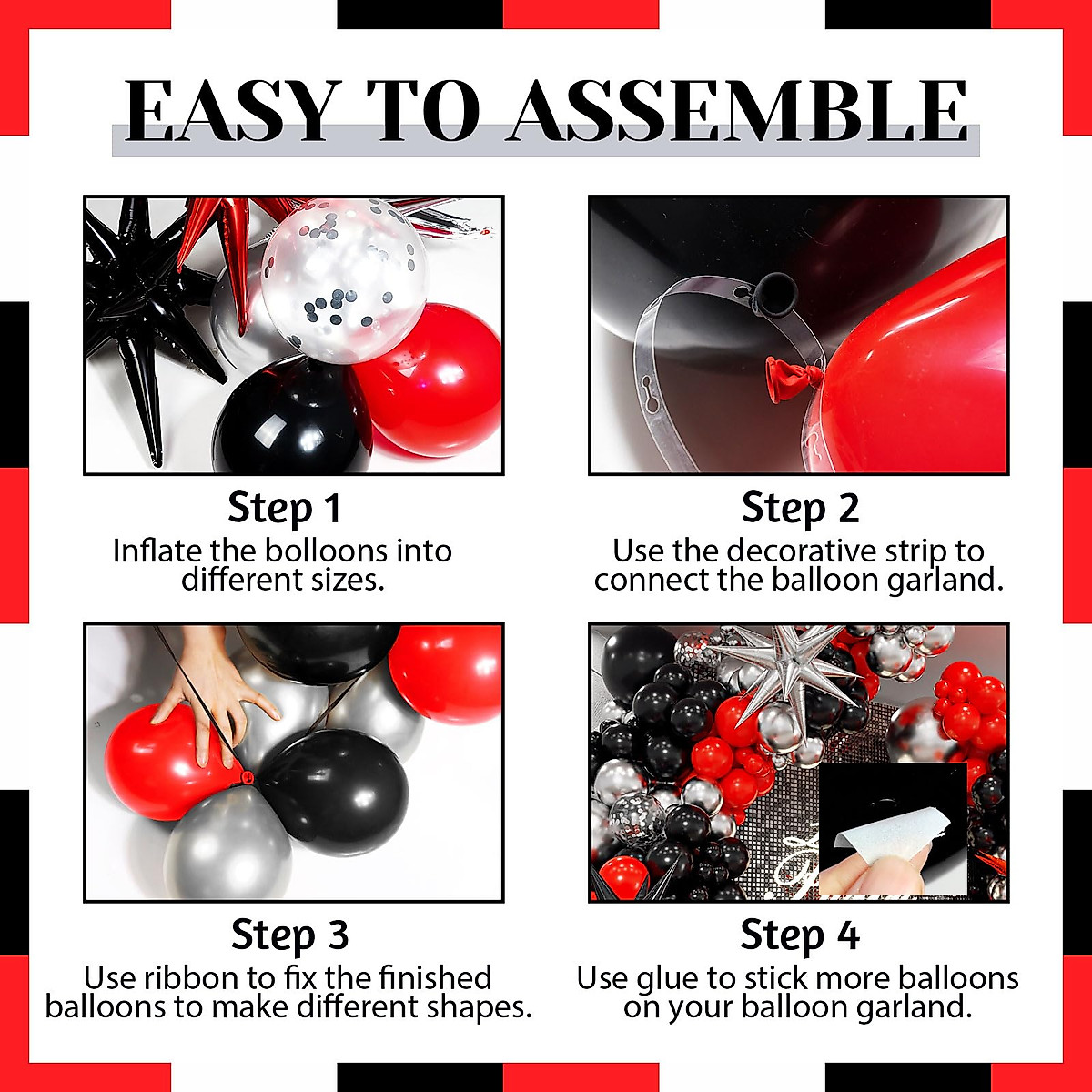 Red and Black Balloon Arch Kit with 3pcs Star Balloons, Red Black and Metallic Silver Balloons Garland Kit for Birthday Prom Red Black Graduation 2024 Party Decorations