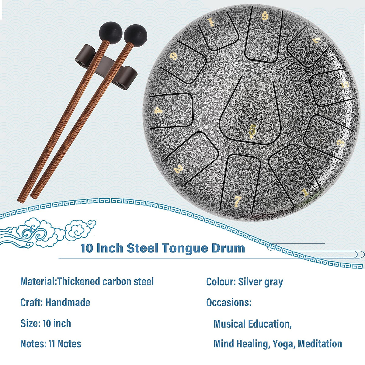 Steel Tongue Drum, 11 Notes 10 Inch Tank drum percussion instrument, C Key Handpan Drum for Kids and Adults, Musical Education Mind Healing Yoga Meditation (silver white Worry Free Drum)