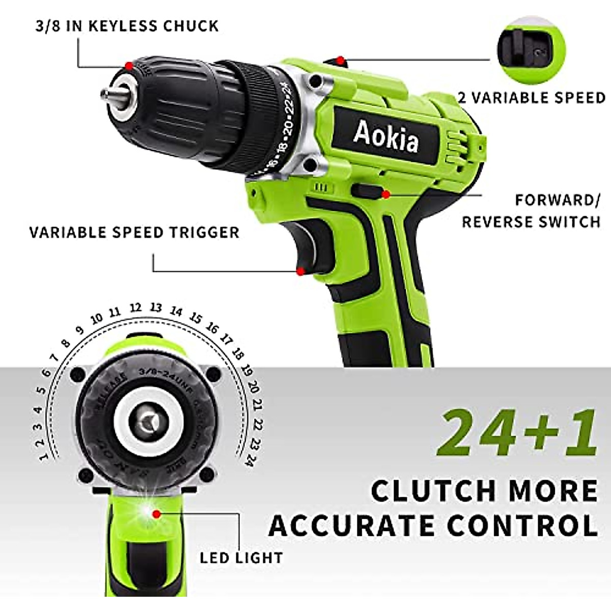 Aokia Cordless Weed Wacker Set: 12V Electric Driver Tool Kit String Trimmer 3/8-Inch Keyless Chuck 1500rpm Variable Speed Cutting Wall Wood Metal 43pcs Wacker Bit