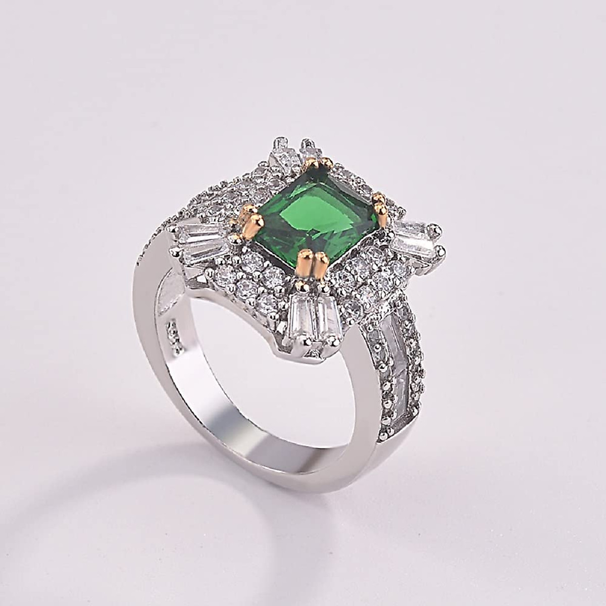 925 Sterling Silver Ladies Emerald Zircon Square Princess Ring Cocktail Ring Square Cut Green Gemstone Cubic Zirconia Anniversary Commitment Ring CZ Eternity Engagement Wedding Ring Women's 566 (9)