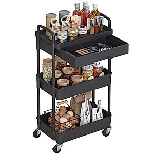 Dttwacoyh 3-Tier Rolling Cart，Trolley with Drawer, Multifunctional Storage Organizer with Plastic Shelf & Metal Wheels, Kitchen Storage Cart for Living Room, Kitchen, Office, Bathroom, White