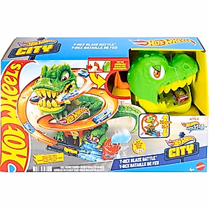 Hot Wheels Toy Car Track Set, City T-Rex Blaze Battle Playset & 1:64 Scale Die-Cast Vehicle, 18” Tall, Multiple Race Outcomes, Spinning Dinosaur Eyes