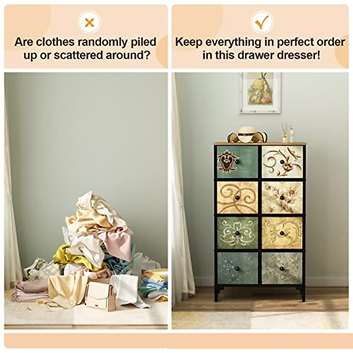 AOPSEN Tall Dressers for Bedroom with 8 Drawers, Storage Drawer Unit for Closet, Fabric Organizer Chest of Drawers for Kids, Living Room, Nursery, Steel Frame, Wood Top