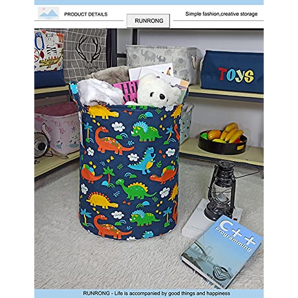 CherryPig RUNRONG Large Size Round Storage Basket Foldable Waterproof Canvas Laundry Hamper with Handles Nursery Organizer for Bedroom/Living Room/Bathroom(Round Dinosaur Paradise)