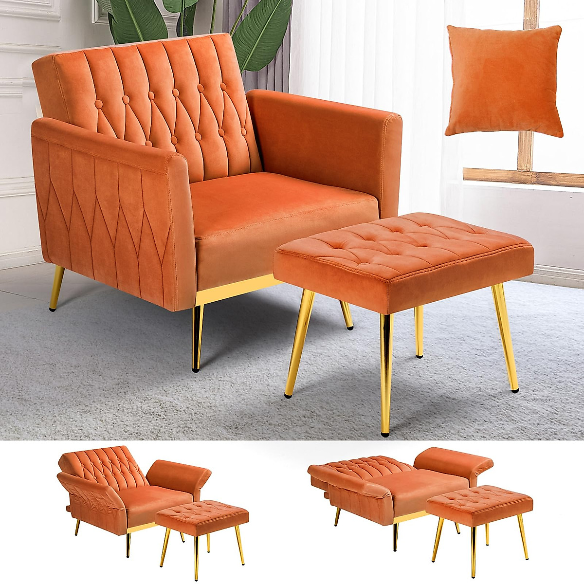 ACMEASE Velvet Accent Chair w/Adjustable Armrests and Backrest, Button Tufted Lounge Chair, Single Recliner Armchair with Ottoman and Pillow for Living Room, Bedroom,Orange