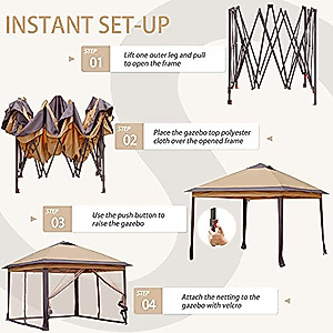 11'x11' Patio Gazebo 2-Tier Outdoor Pop up Canopy Tent with Netting Sidewalls Brown