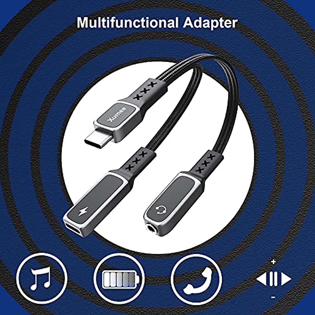 Xumee USB C to 3.5mm Audio Adapter and Charger, 2-in-1 USB-C Splitter Aux and Charging, Type C Headphones Jack Dongle Compatible with iPhone 15/15 Pro Max, Galaxy S23 S22 S21 S20 S20+ (Grey)