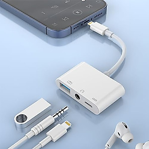 USB + 3.5mm AUX Adapter for iPhone/iPad, USB Camera Adapter and 3.5mm Headphone Audio Jack Adapter with iPhone Charger Splitter, 3 in 1 USB OTG Adapter for iPhone iPad,USB Flash Drive, Keyboard, Mouse