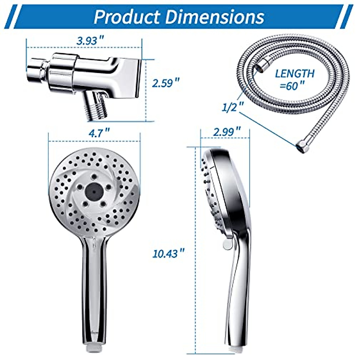 Atthomie Modern Shower Head with 6 Spray Settings, Anti-Clog Detachable & Removable, 60 Inch Stainless Steel Hose, Adjustable Brass Joint, Tool-Free Installation