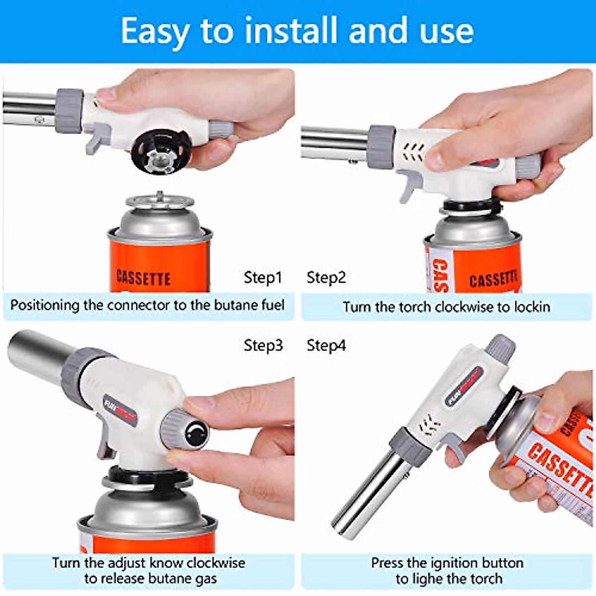 FunOwlet Butane Torch Lighter + Butane Torch Head, Culinary Torches Chef Cooking Professional Adjustable Flame with Reverse Use for Creme, Brulee, BBQ, Baking, Jewelry