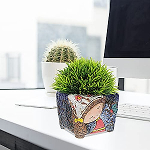 Happyyami Home Decor Outdoor Planters Pottery Succulent Planter Pot Cute Hand Painted Boy Flower Plant Pots Handicraft Bonsai Plant Vase Container for Home Office Decor Blue Indoor Planters Desk Decor