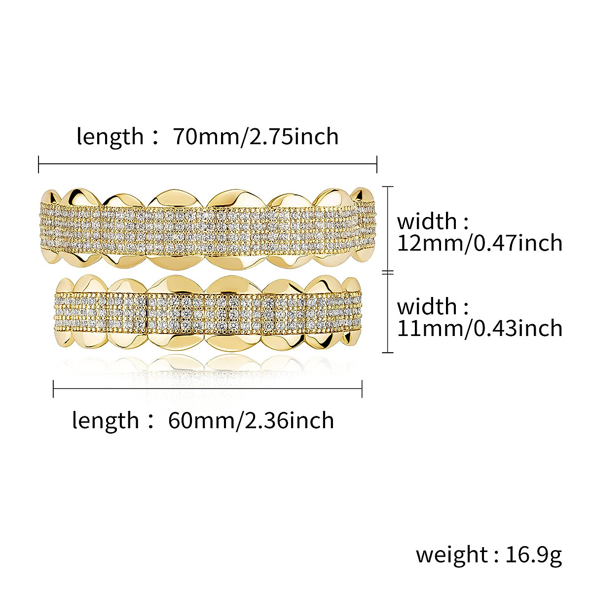 JINAO Hip Hop 4 Rows 8 Top Teeth 3 Rows 8 Bottom Tooth Grillz 14K Gold Plated Iced Out Cubic Zirconia Diamond Mouth Grills for Men and Women(Gold)
