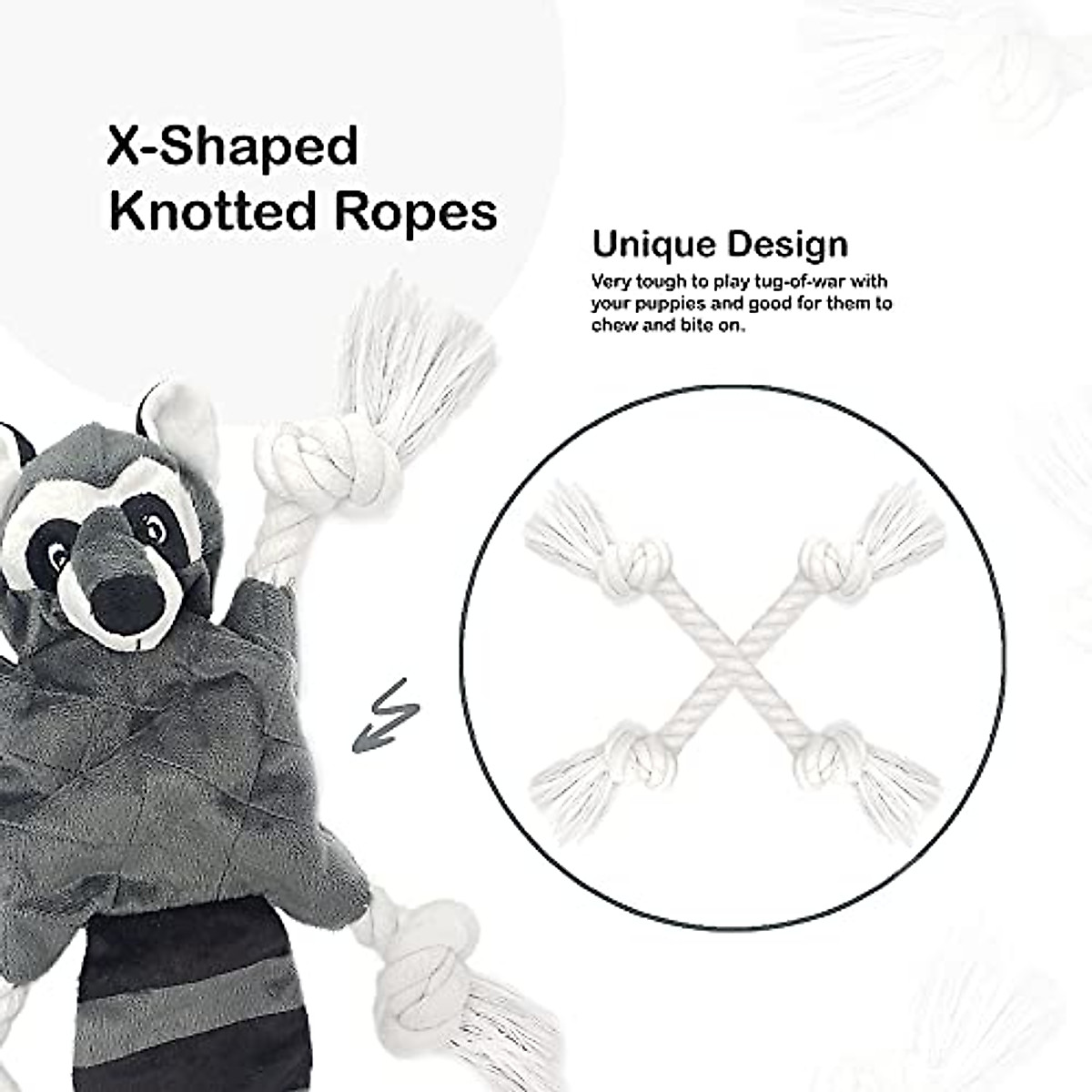 Maestro Pets No Stuffing Dog Toys, Crinkle Dog Toys, 3 in 1 Plush Dog Toys with Rope Legs, Squeakers and Crinkle Paper, Dog Rope Squeaky Toys for Puppies, Small, and Medium Dogs (Raccoon)