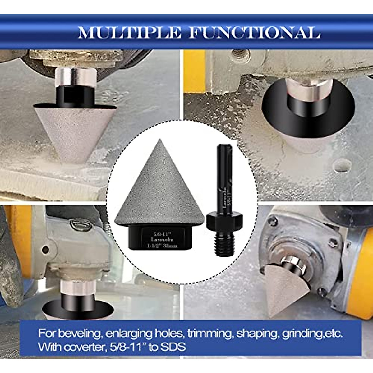 Larouoba 50mm 2" Dry Diamond Beveling Chamfer Bit, Countersink Drill Bit for Enlarging Trimming in Porcelain, Ceramic Tiles Hole 5/8"-11 Thread for Angle Grinders & SDS Adapter for Drills (Black).