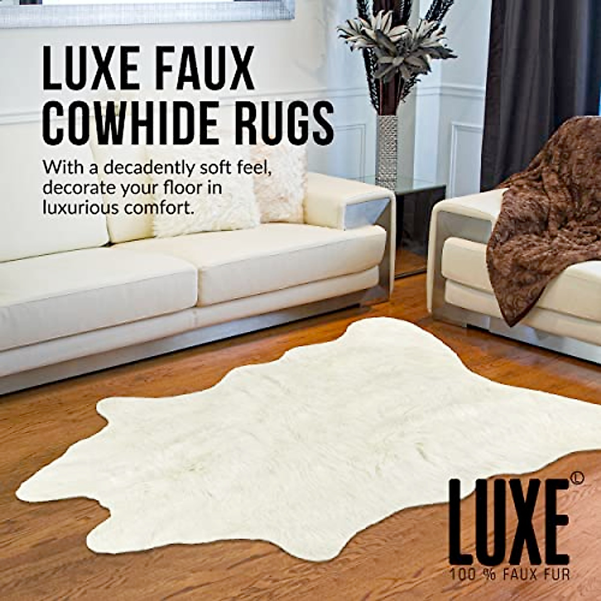 Luxe Faux Cowhide Rug for Rustic and Western Decor | Low Pile Faux Fur Rug with Off White Cow Print | Cruelty-Free Fade Resistant Living Room Rugs | 4-1/4 x 5 ft