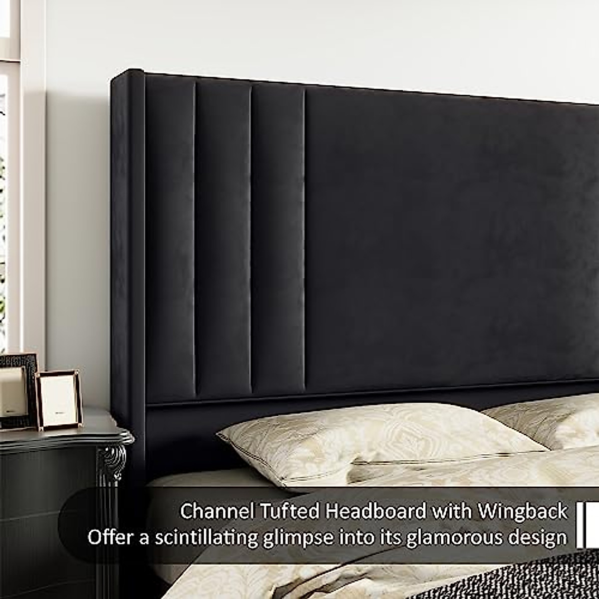AMERLIFE King Size Bed Frame, Velvet Upholstered Platform Bed with Vertical Channel Tufted Headboard & Footboard/Wingback, Mattress Foundation with Wood Slats, No Box Spring Needed, Black
