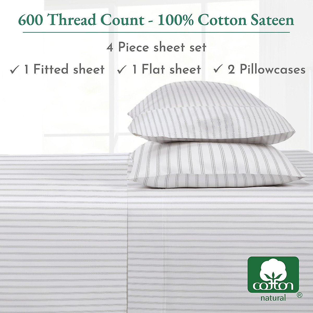 CALIFORNIA DESIGN DEN 5-Star Hotel 600 Thread Count 100% Cotton, Soft & Smooth Queen Sheet Set with Deep Pockets, Quality Beats Egyptian Cotton Claims (Ticking Stripe Grey)