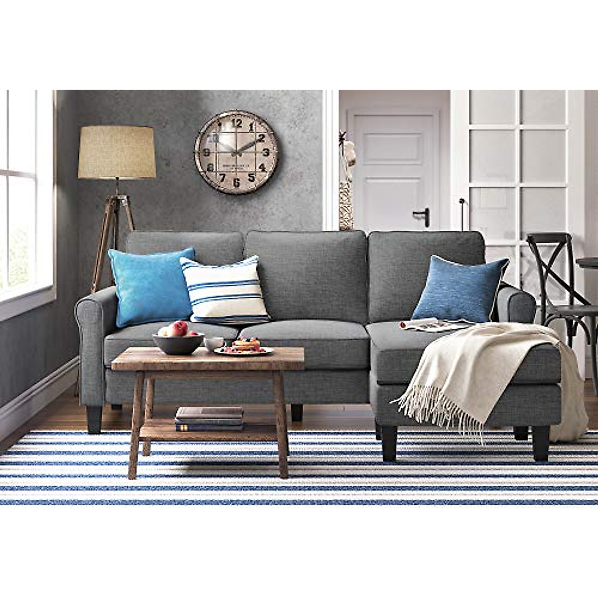 Serta Harmon Reversible Sectional Sofa, Modern L-Shaped Couch for Small Spaces, Soft Fabric Upholstery, Rolled Arm, Dark Gray