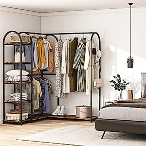 Tribesigns L-Shaped Garment Rack with Shelves, Heavy Duty Corner Clothes Rack with Coat Hooks, Anti-toppling Device, Cloth Hanger Standing Clothing Racks for Hanging Clothes, Rustic Brown