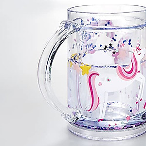 Nuovoo Kids Glitter Tumbler Cup Bulk with Lid and Straw, Cute Double Wall Tumbler Cups Turners with Handle for Starter, Clear Toddler Sippy Cup, Kawaii Rainbow Water Bottle, Set of 2, Pink & Blue