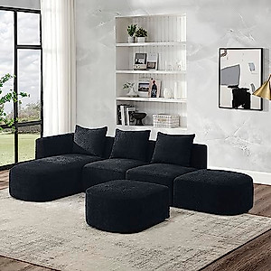 L-Shaped Stylish Comfy Sectional Sofa Couch with 2 Single Seats, Left Chaise and Movable Ottomans, Modern DIY Combination Convertible Modular Sofa&Couch Cloud Deep Seater Cozy Sofá for Living Room