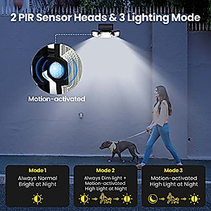 AmbiCasa Solar Outdoor Lights, Super Bright 3000LM 305 LED Motion Sensor Outdoor Flood Lights, IP65 Waterproof 3 Heads Security Lights with 2 Sensors, 3 Modes Wall Lights for Yard Garage Patio