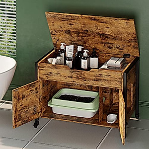 IRONCK Litter Box Enclosure with Storage and Wheels, Large Wood Hidden Cat Cabinet, Indoor Cat Washroom Furniture with Divider, Fit Most of Litter Box, Vintage Brown