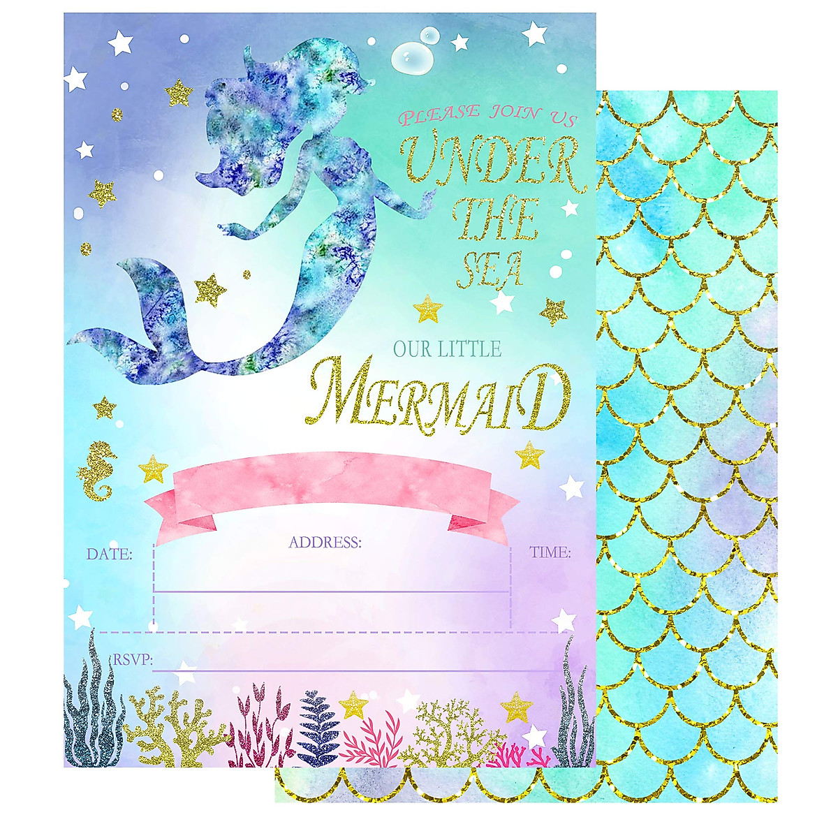 SamPartyShop Mermaid Invitations with Envelopes,Magical Glitter Mermaid Party Invitations,20 Fill in Mermaid Birthday Invitation Under The Sea Invitations