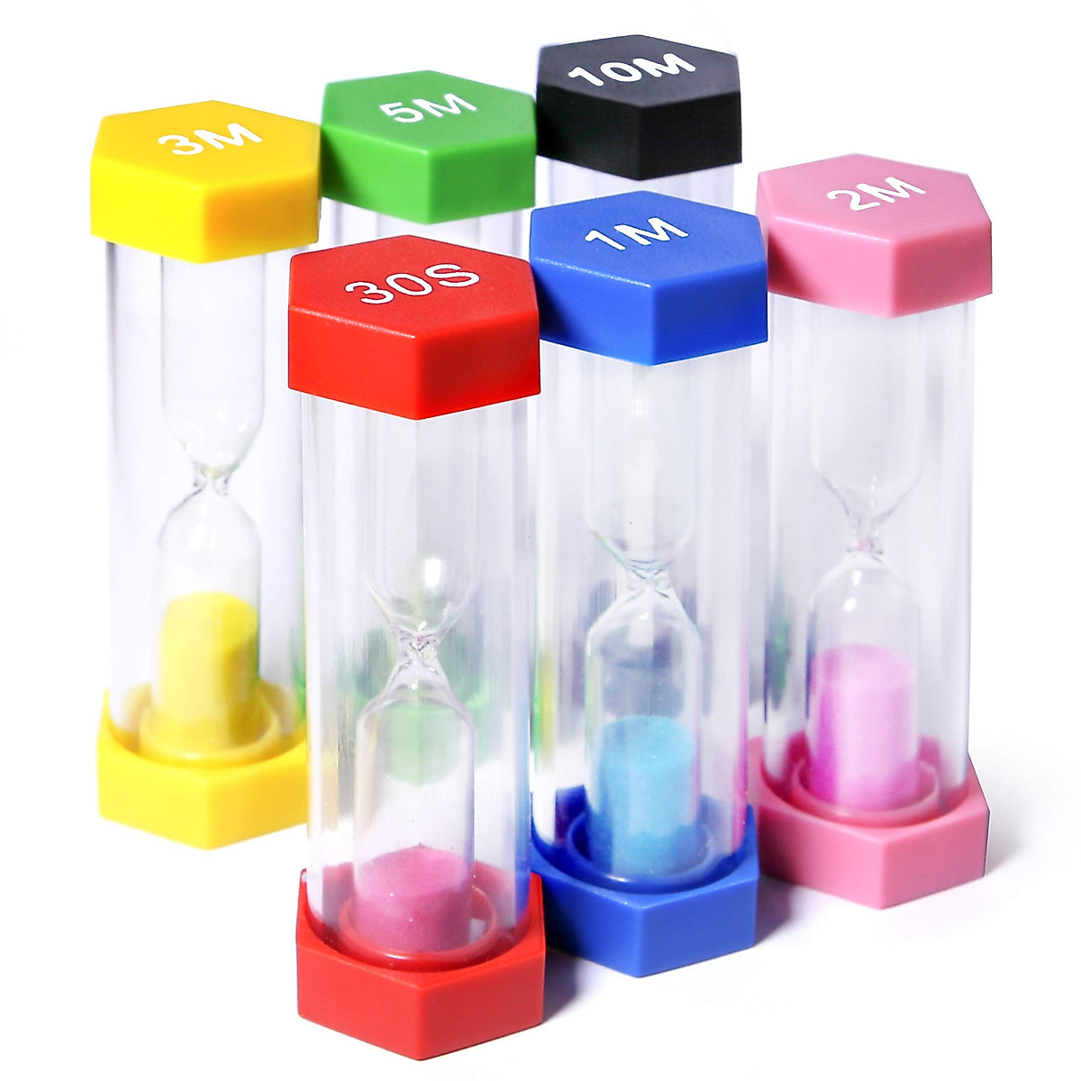 PROLOSO 6 Pcs Colorful Sand Timers Set Platic Sandglass Hourglass Sand Clock Timer 30sec/ 1min/ 2mins/ 3 Minutes/ 5 Minute/ 10mins for Kids Games Classroom Home Office Kitchen