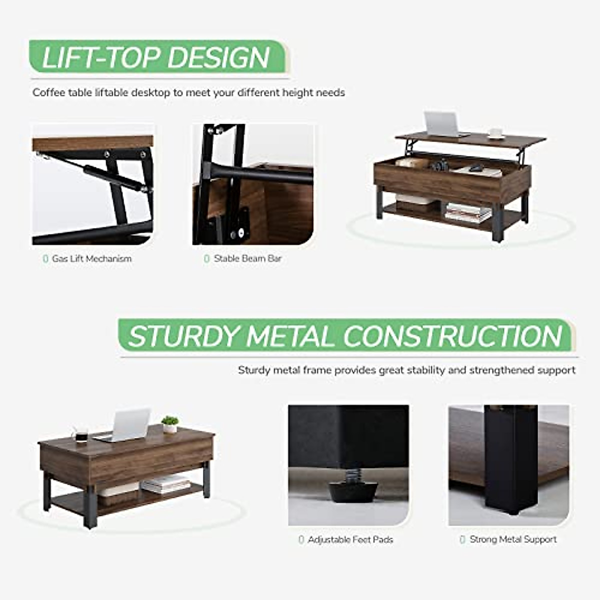 Novilla Modern Lift Top Coffee Table with Storage for Living Room Wodden Lift Tabletop Dining Table with Hidden Compartment and Metal Frame 40 Inch, Walnut