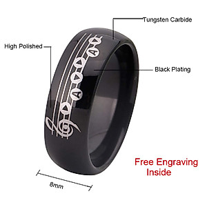 Tungsten Wedding Ring 8mm Width Black/Blue/Silver Dome Legend of Zelda Song Ring Storms & Triforce Design Ring Music Ring- FREE Inside Engraving (Black, 7)