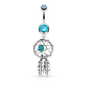 Forbidden Body Jewelry Surgical Steel Double Jeweled Dream Catcher Feathers Dangle Belly Button Ring (Light Blue)