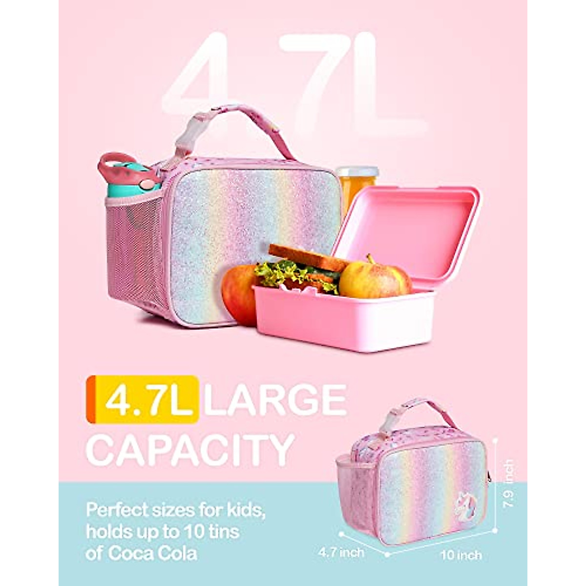 Bagseri Kids Lunch Box Insulated - Lunch Bag for Girls with Buckle Handle - Portable Reusable Toddler Leak-proof Lunchbox for School and Daycare, Pink Glitter, Unicorn
