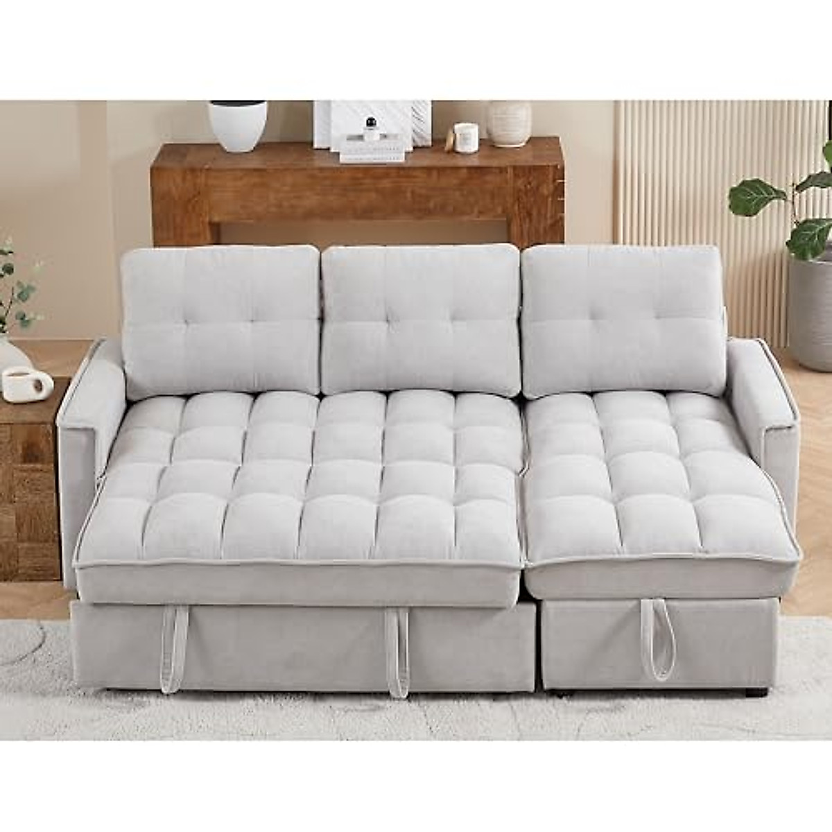 ERYE L-Shaped 3-Seaters Reversible Sleeper Sectional Sofa W/Pull Out Couch Bed and Storage Chaise for Living Room, Chenille Tufted Upholstered Convertible Sofabed with USB and Type-C Charging Ports