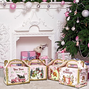 16Pcs Pink Christmas Decorations Christmas Treat Boxes Vintage Christmas Paper Gift Boxes Christmas Santa Boxes with Handle Present Candy Cookie Boxes for Xmas Holiday Party Favor Supplies