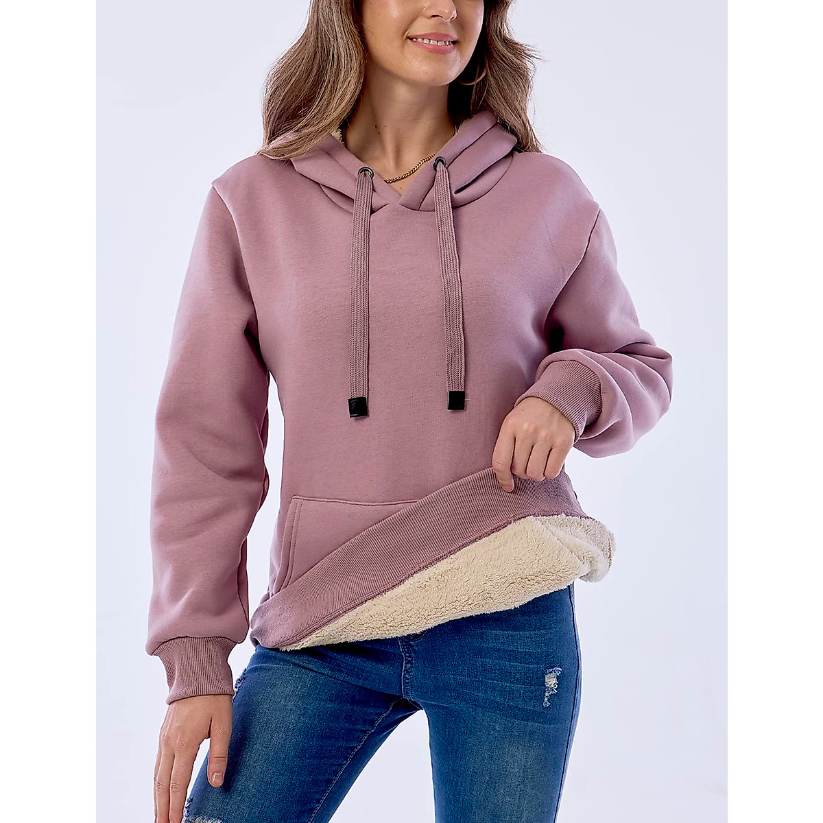 Fenclushy Womens Winter Hoodies Warm Fleece Sherpa Lined Pullover Hooded Sweatshirt(Purple,M)