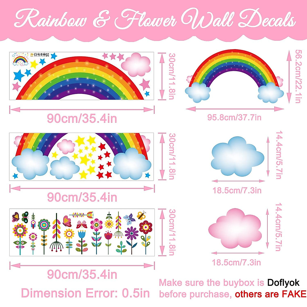 Joyduo 3 Sheets Rainbow Wall Decal Rainbow Wall Sticker, Large Removable Rainbow Butterflies Clouds Star Flower Wall Decals for Nursery Kids Girls Bedroom Decor