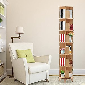 GNJINX Rotating Bookshelf, 6 Tier Solid Wood 360 Display Floor Standing Bookcase Storage Rack, Free Standing Wood Bookcases for Kids&Adults Multi-Functional Bookshelf Organizer(6 Tier)