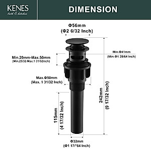 KENES Pop Up Bathroom Sink Drain with Overflow, Matte Black Pop Up Drain Stopper Anti Clog Pop Up Drain Stopper Lavatory Vanity Vessel Sink Drain