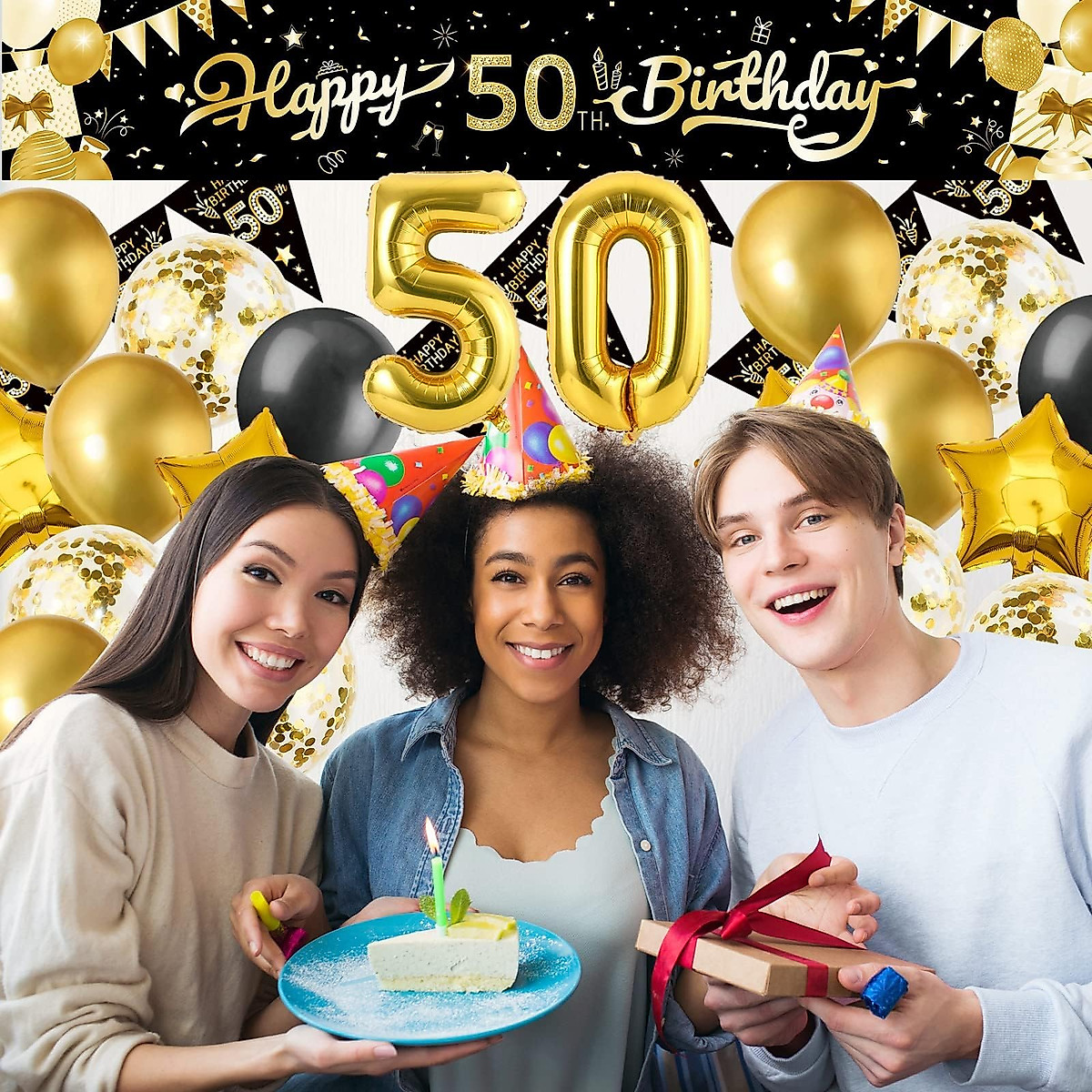Large 9.8X1.6ft Happy 50th Birthday Decoration Banner, Black and Gold Happy Birthday Party Decoration Set Anniversary Celebration Backdrop 50th Birthday Foil Latex Balloons for Men and Women