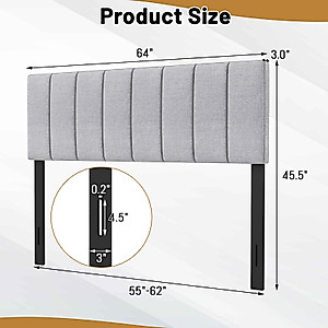 KOMFOTT Linen Upholstered Headboard for Full & Queen Size Bed, Vertical Channel Tufted Rectangular Headboard with Solid Wood Legs & Adjustable Width, Padded Bed Backboard, Easy Assembly (Gray)