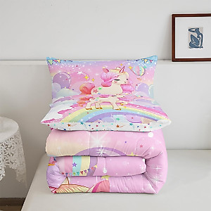 Feelyou Unicorn Girls Bedding Set Twin Rainbow Kids Pink Unicorn Comforter Set Kawaii Cute Reversible Stars Quilt Comforter Teens Children Adults Cartoon Unicorn Room Decor All Season