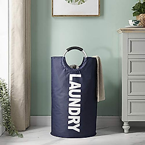 82L Large Thicken Laundry Basket Collapsible Fabric Laundry Hamper Foldable Heavy Duty Clothes Bag Portable Washing Bin Waterproof Cloth Hampers Storage with Durable Aluminum Handles (Dark Blue)