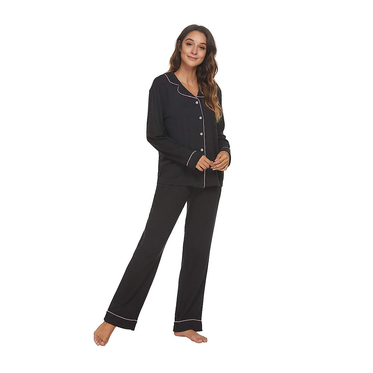 HEARTNICE Womens Pajama Set, Soft Long Sleeve Pajamas & Long Pants with Pockets, Warm Button-up Sleepwear Lightweight Lounge Pjs (Black-L, M)