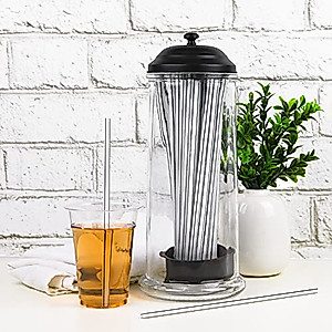 Straw Dispenser with Stainless Steel Lid | Glass Straw Holder for Counter with Lid | Drinking Straw Dispensers | Straw Container | Holds Straws up to 8.5 Inches, Black