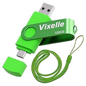 Vixelle 128GB High Speed USB 3.0 Type-C Flash Drive with Lanyard – 2in1 Dual USB C Memory Stick - 360° Swivel Pen Drive with Keychain Loop – 128GB USB Stick for Smartphone, Tablet & Computer - Green