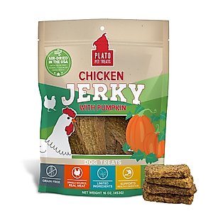 PLATO Pet Treats Air Dried, Real Meat, Chicken Jerky with Pumpkin Dog Treats, Made in The USA, Grain Free, 16oz