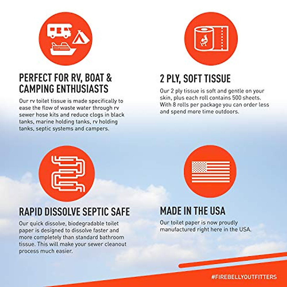 RV Toilet Paper, Septic Tank Safe-MADE IN THE USA- 8 Rolls,2-Ply 500 Sheets - Fast Dissolve Bath Tissue for Camping, Marine, RV Holding Tanks, Biodegradable - Firebelly Outfitters