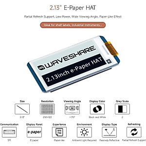 Newest 2.13inch E-Ink Display HAT (V4) Compatible with Raspberry Pi 5/4B/3B+/3B/2B/B+/A+/Zero/Zero W/WH/Zero 2W Series Boards 250x122 Resolution SPI Interface Supports Partial Refresh @XYGStudy